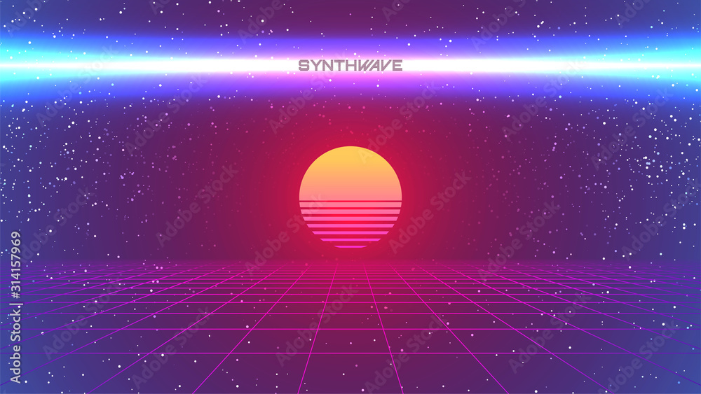 Synthwave abstract background. Retro future 80s backdrop. Sunset with ...