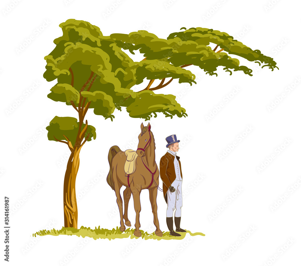 Horse and rider standing under trees isolated. Use it for print or web ...