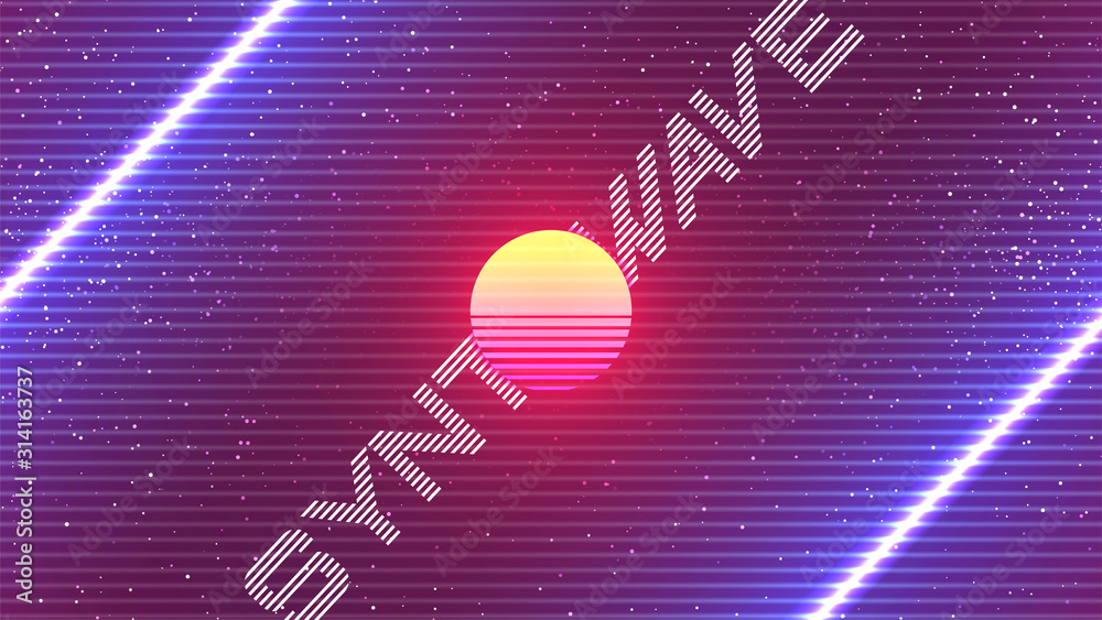 Synthwave abstract background. Retro future 80s backdrop. Sun with neon ...