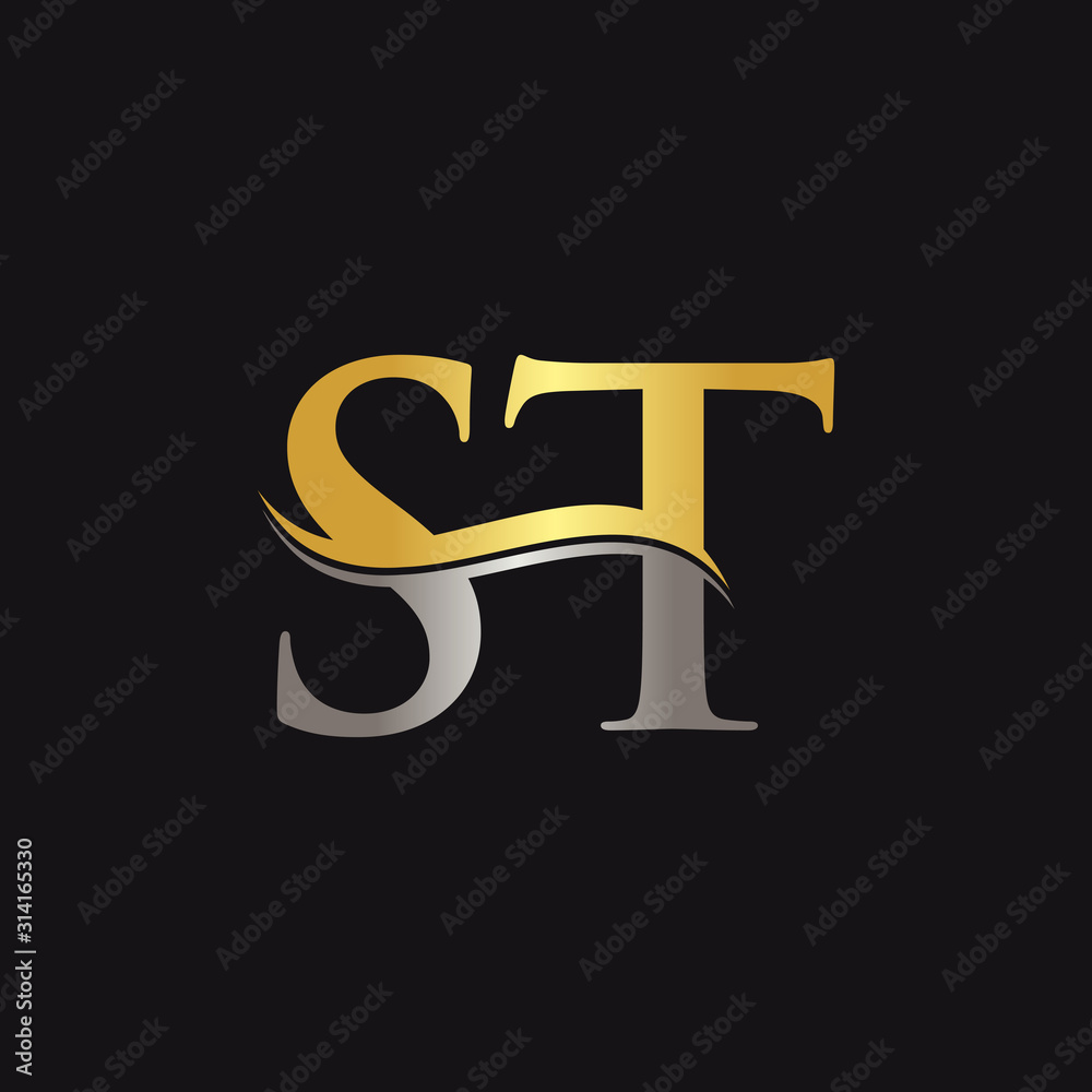 Gold And Silver letter ST Logo Design with black Background. ST Letter ...