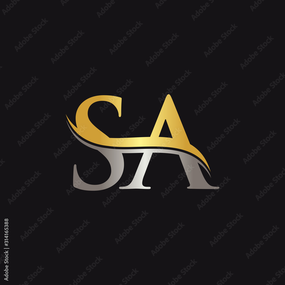 Gold And Silver letter SA Logo Design with black Background. SA Letter ...