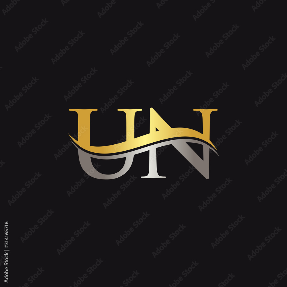 Gold And Silver letter UN Logo Design with black Background. UN Letter ...