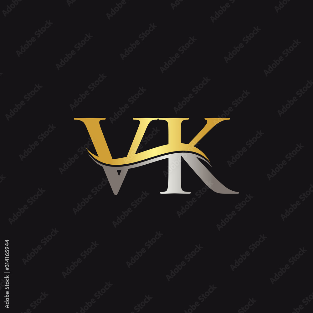 Initial Gold and Silver VK Letter Linked Logo with Black Background ...