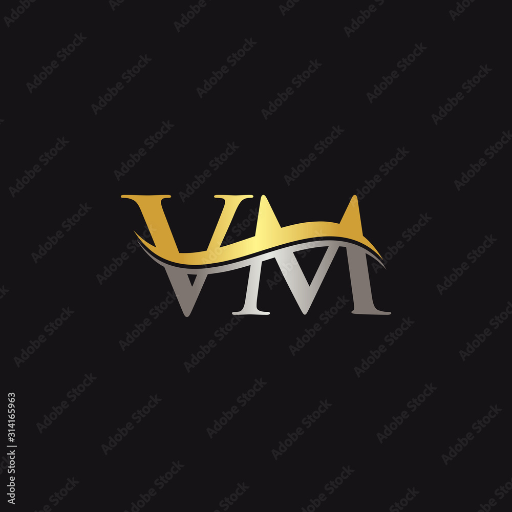 Initial Gold and Silver VM Letter Linked Logo with Black Background ... Initial Gold and Silver VM Letter Linked Logo with Black Background ...