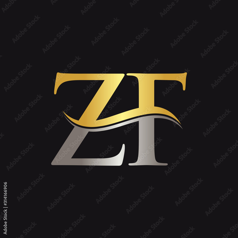 Initial Gold and Silver ZF Letter Linked Logo with Black Background ...