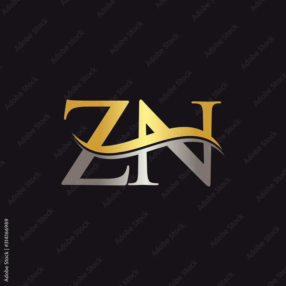 Initial Gold and Silver ZN Letter Linked Logo with Black Background ...