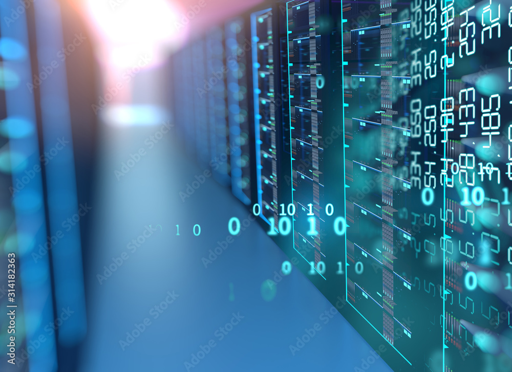 Corridor of server room with server racks in datacenter. 3d ...