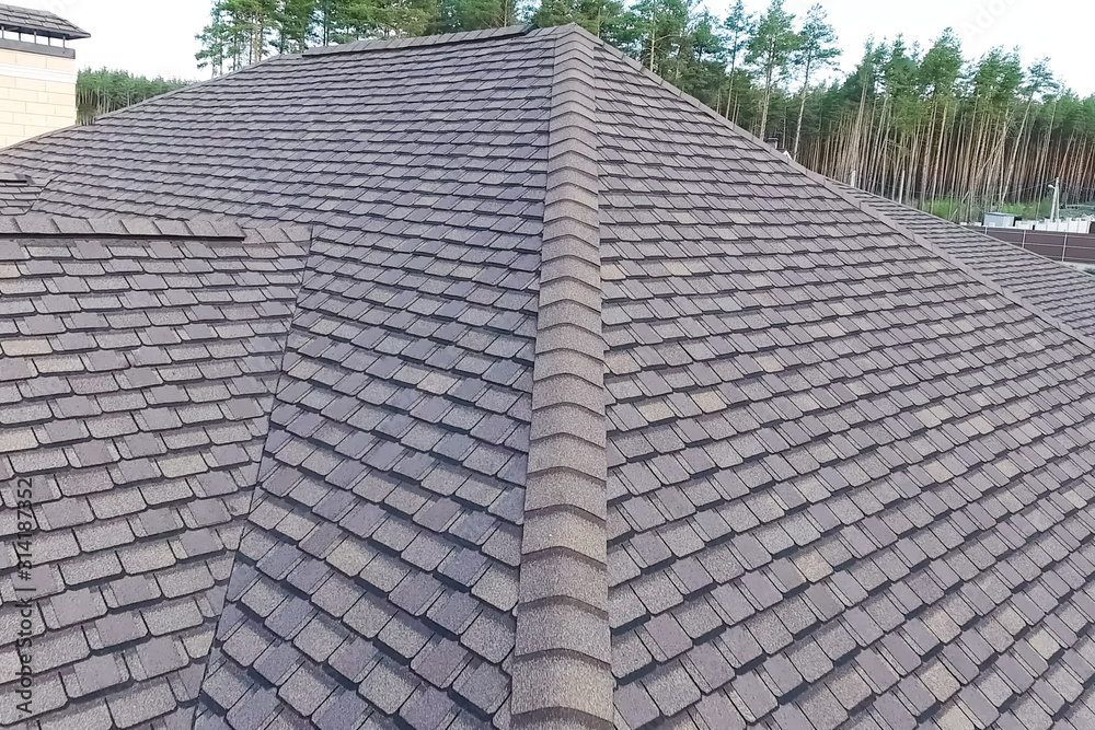 Bituminous tile for a roof. House with a roof from a bituminous Stock ...
