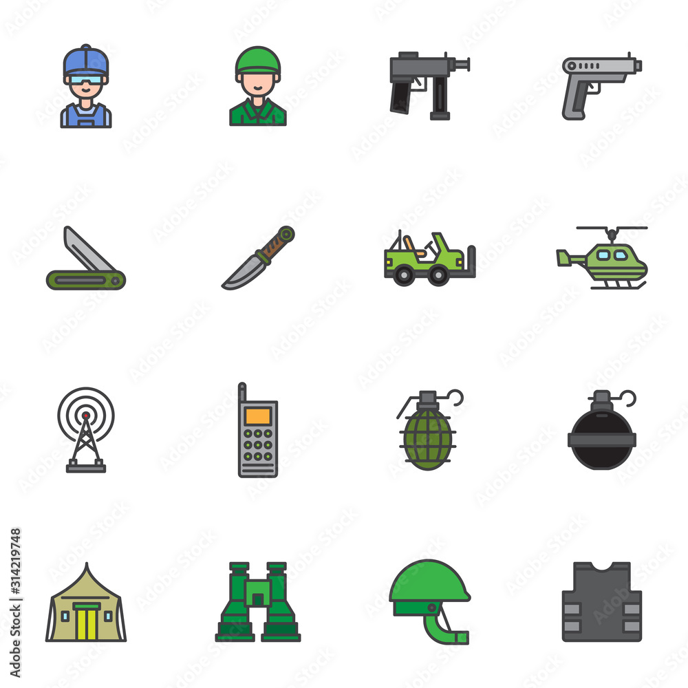 Military service filled outline icons set, line vector symbol ...