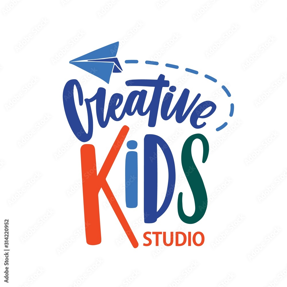Creative kids studio flat vector logo. Cartoon paper plane with ...