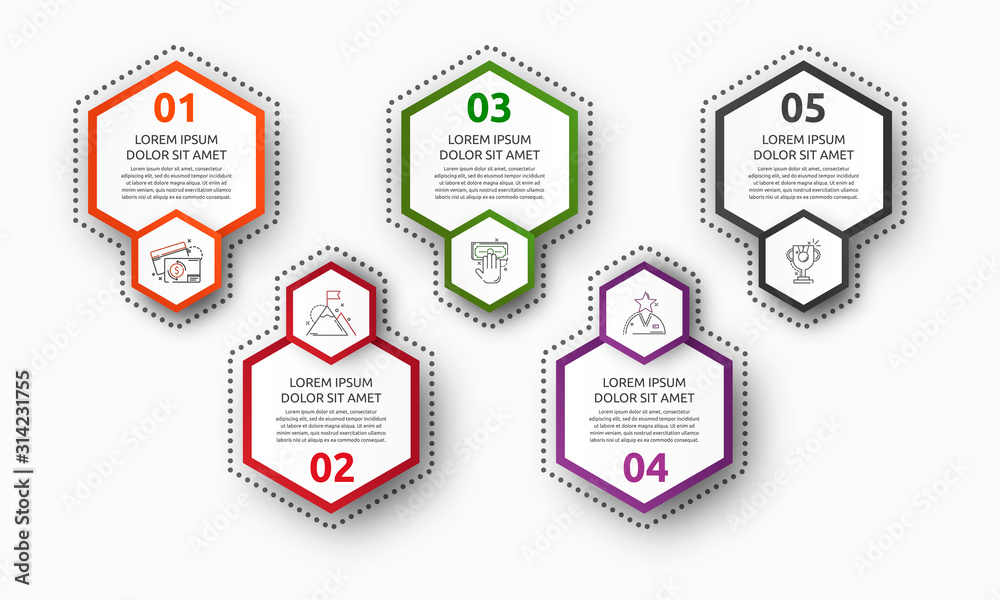 Vector infographic with 5 hexagons. Used for five diagrams, graph ...