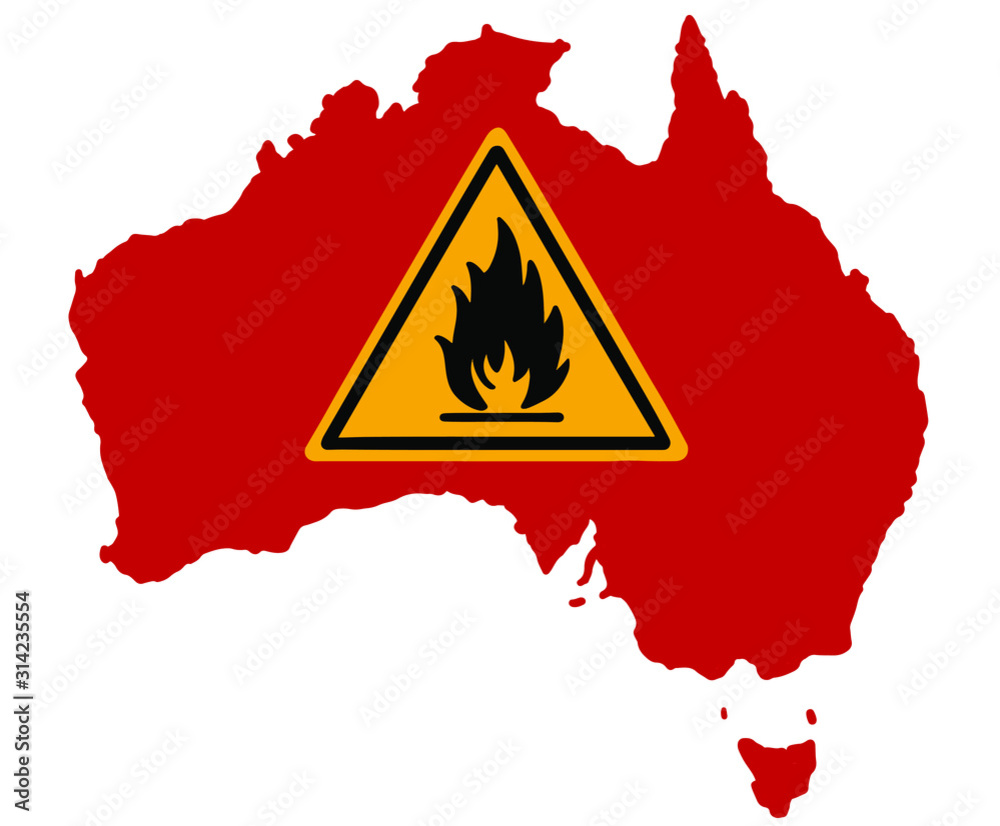Fire symbol on Australia map sign vector illustration. Australia bush ...