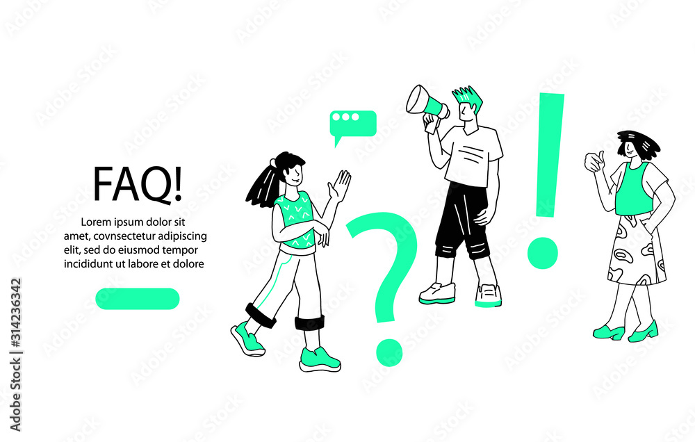 FAQ banner or landing page template with people characters, exclamation ...