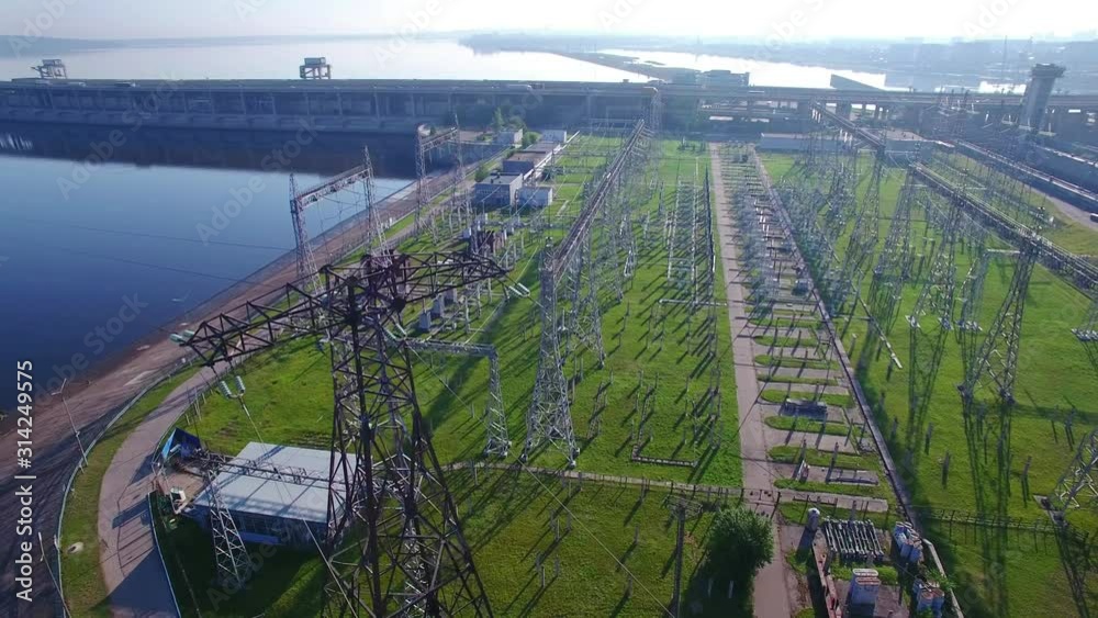 High voltage electric power tower close up and fly out, electric ...