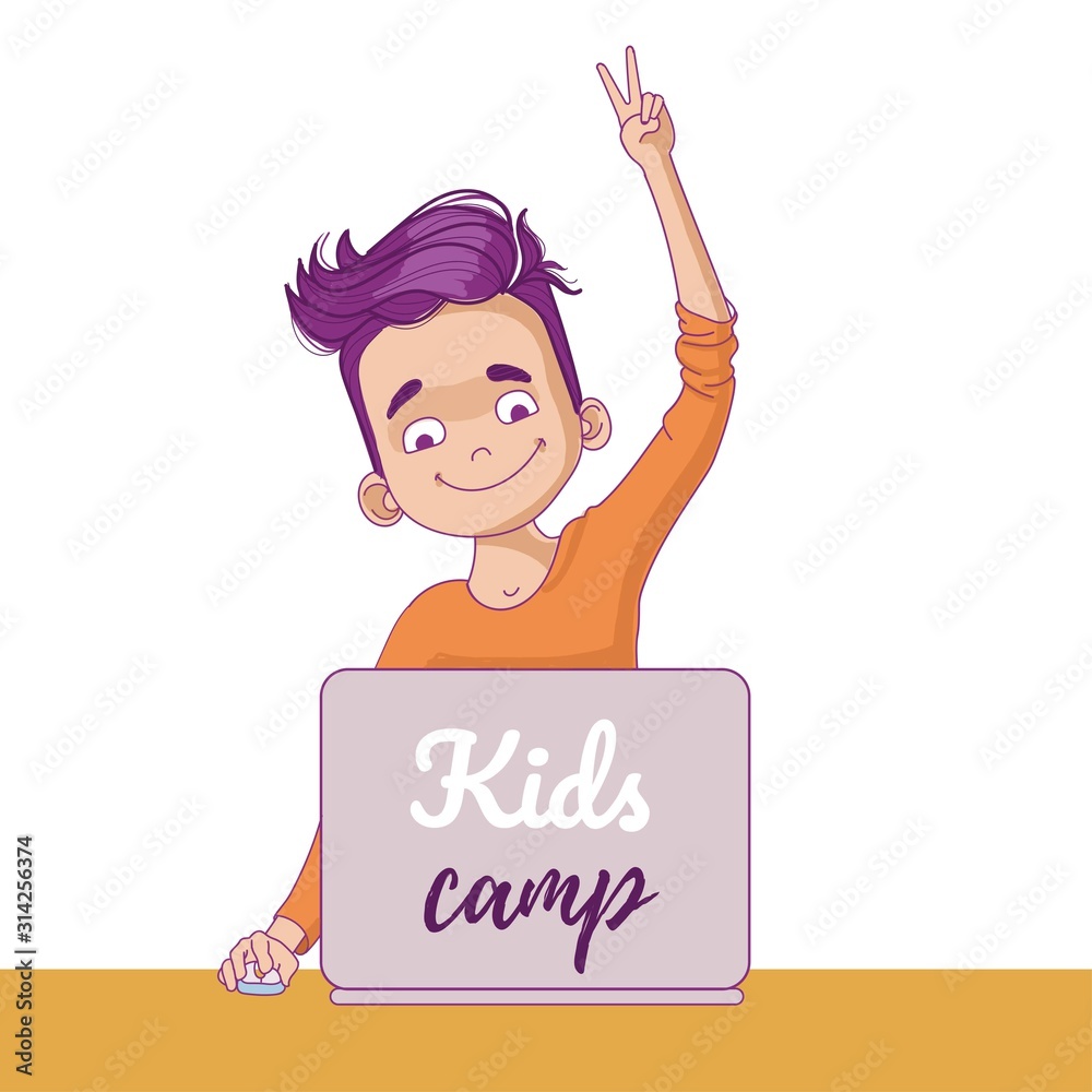 Kids programming summer camp logo. Coding kid. Cartoon vector young ...