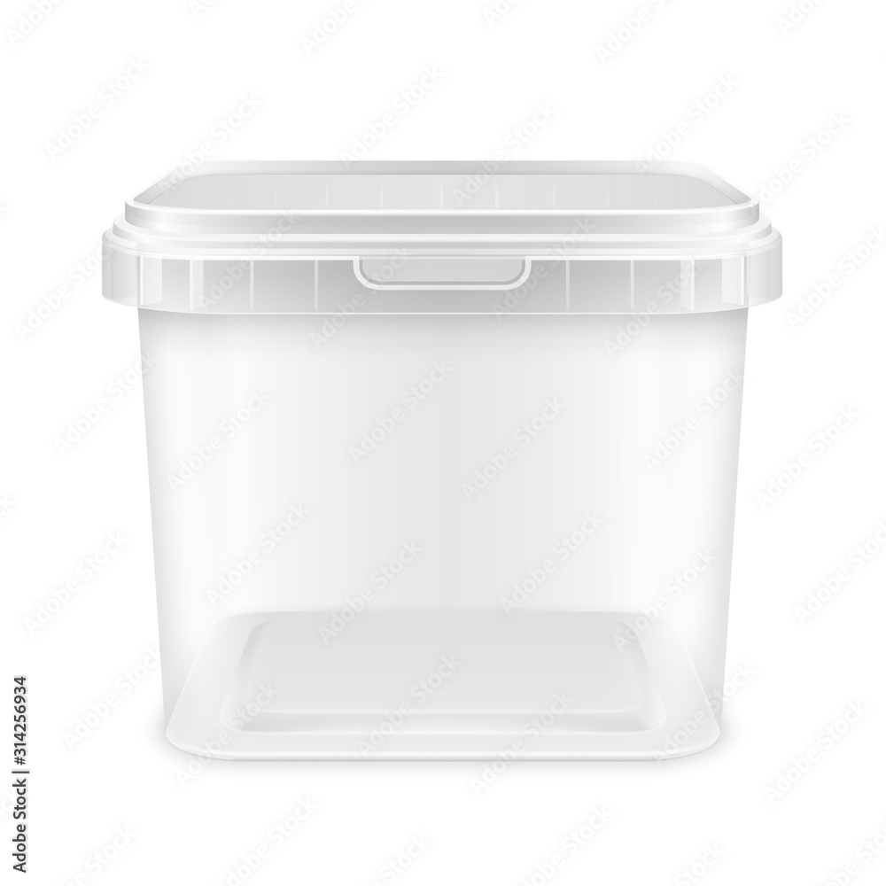 Transparent square empty plastic bucket. Front view mockup illustration ...