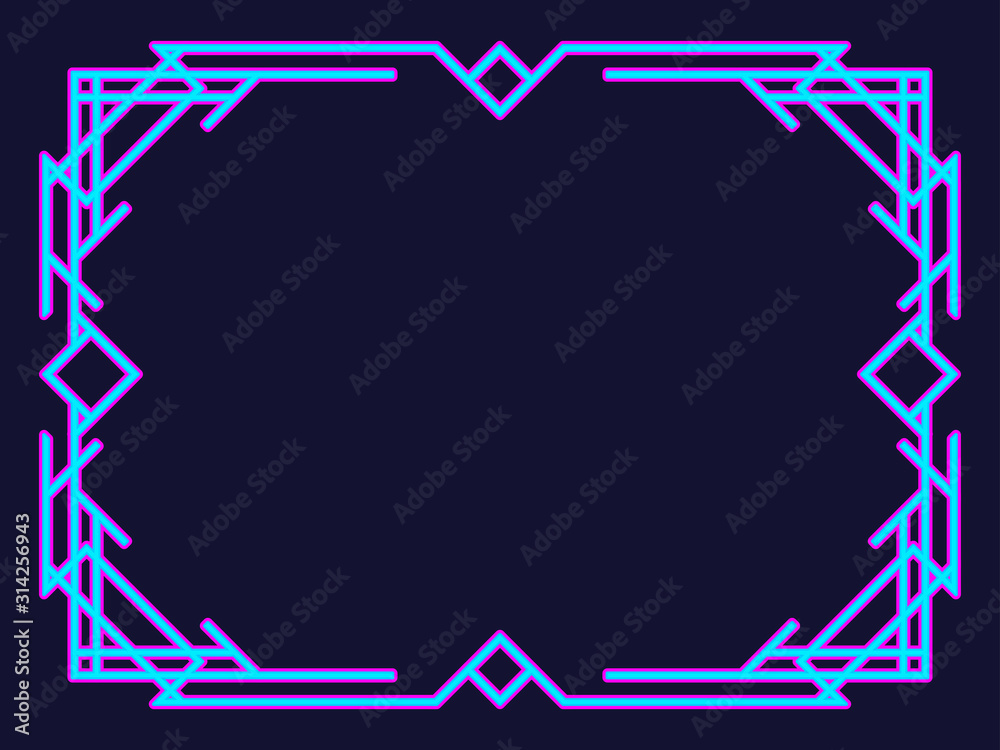 Neon art deco frame. The effect of a neon lamp. Vintage linear border ...