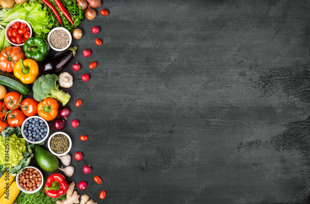 Dieting and healthy eating concept: fruits, vegetables, vegan food ...