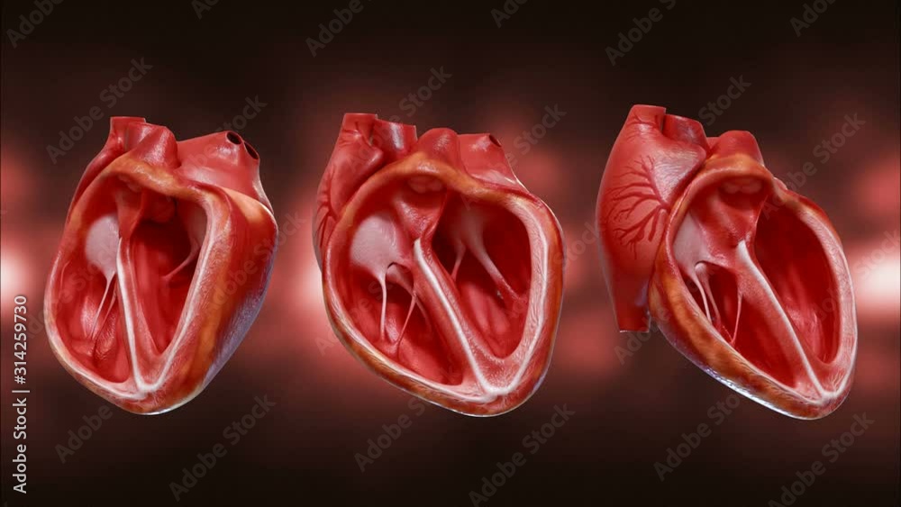 Sectional anatomy of the heart. 3D rendering animation of a beating ...