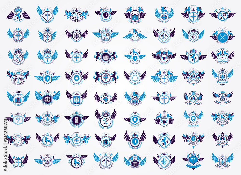 Heraldic Coat of Arms vector big set, vintage antique heraldic badges ...