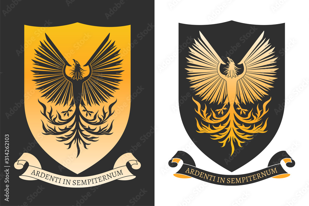 Coat of the arms. Burning phoenix on the shield. Color and two-tone ...