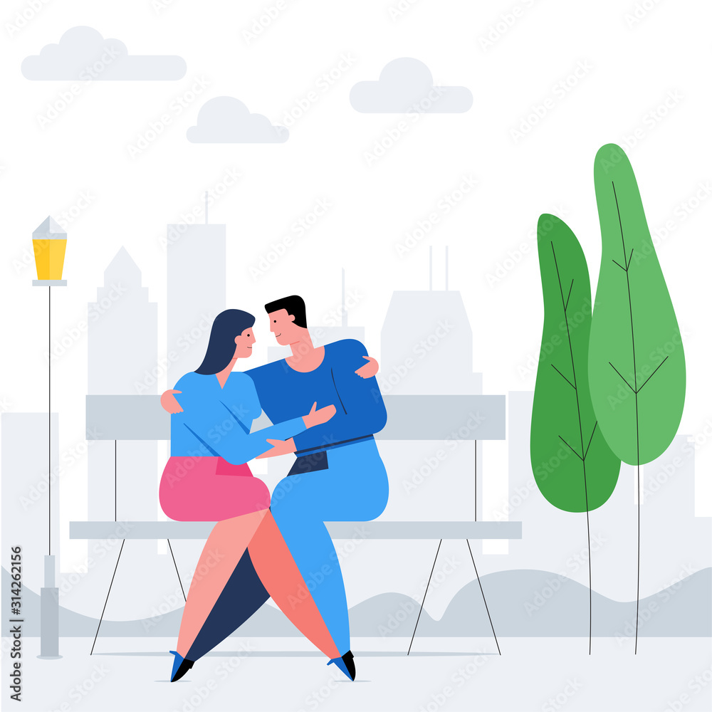 Romantic couple concept. Man and woman cuddling on a bench. Romantic ...