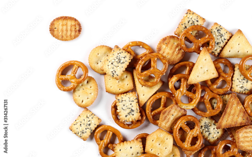 Salty cracker and pretzel snacks, party mix isolated on white ...