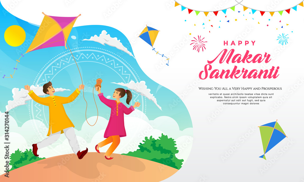 Happy Makar Sankranti greeting card design. cartoon indian boy and girl ...
