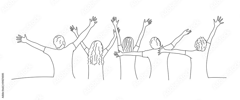 Line drawing of people stands with raised arms. Vector illustration ...