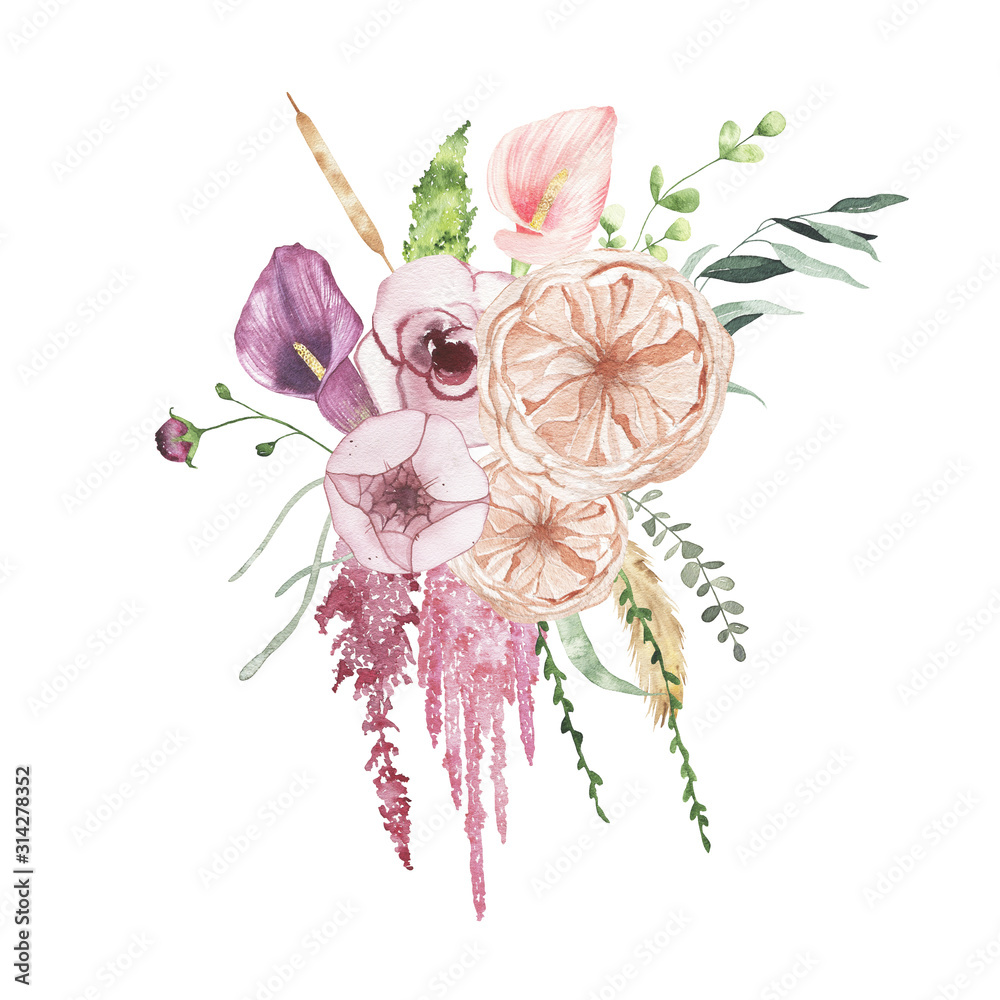Watercolor floral bouquet with flowers roses calla lily greenery leaves ...