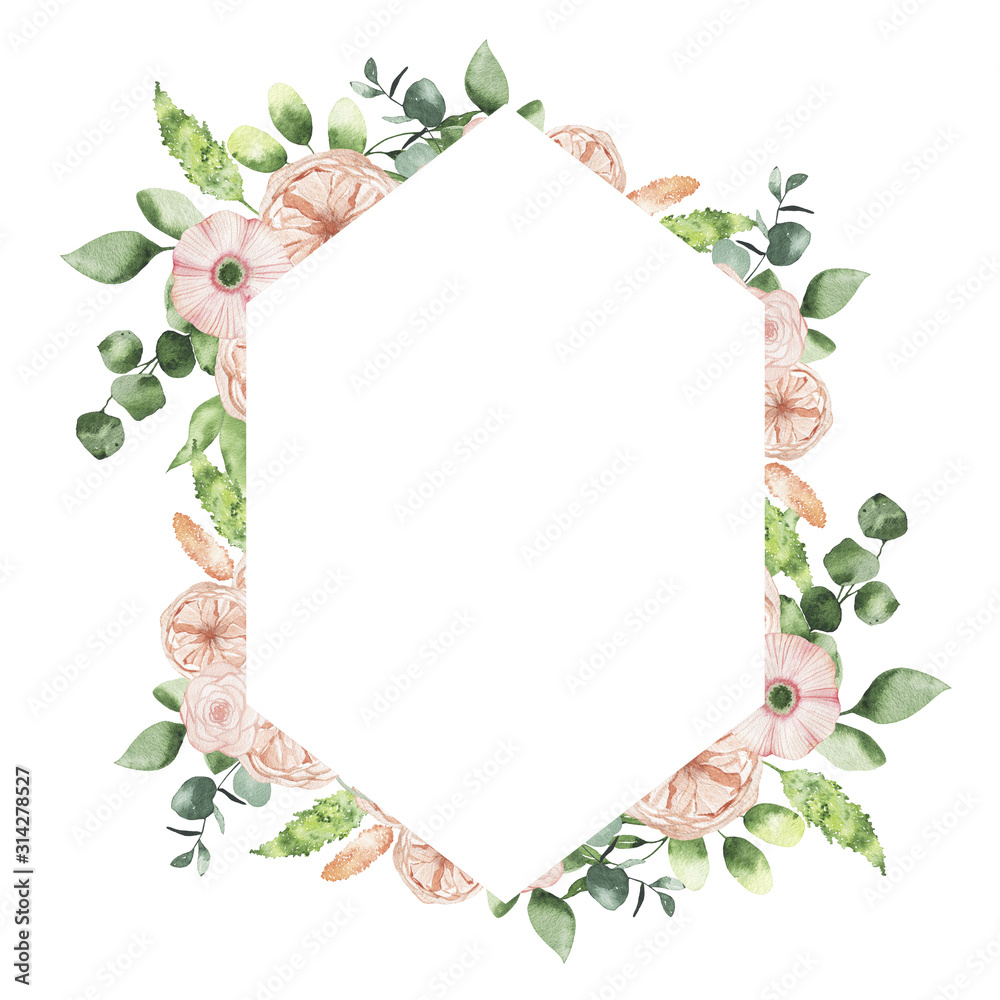Watercolor Valentines Day floral frame with rose greenery leaves ...