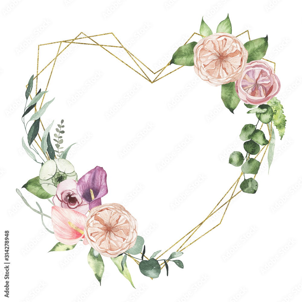 Watercolor Valentines Day floral golden geometrical heart wreath with ...