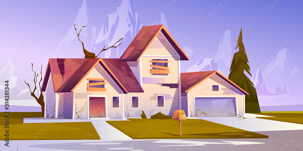 Adandoned old house with broken roof and boarded up windows. Vector ...