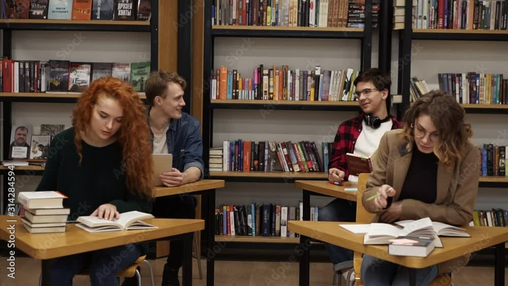 Intelligent female and male students learning, preparing for exams in ...