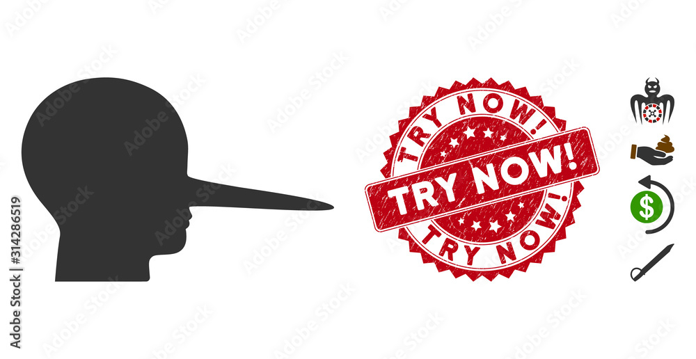 Vector liar icon and grunge round stamp seal with Try Now! caption ...