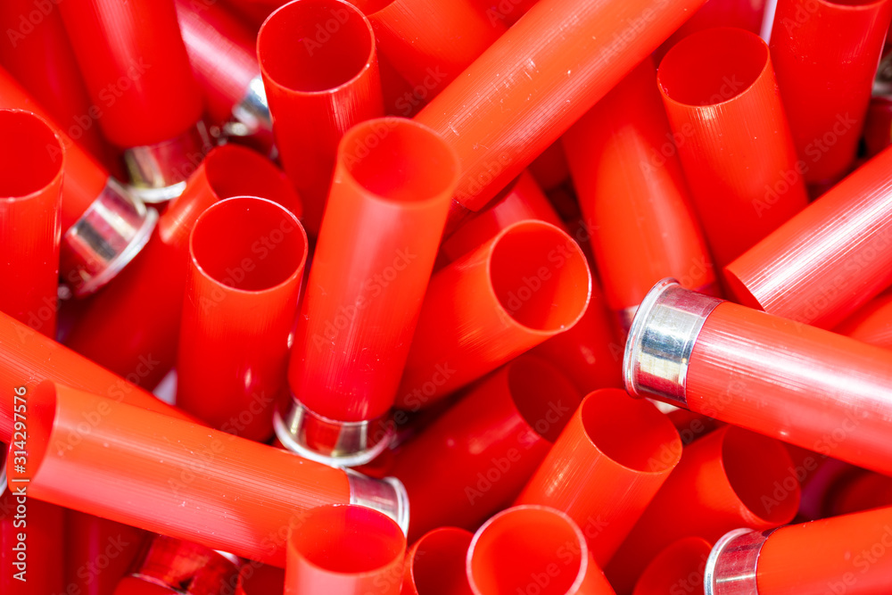 Red shotgun shell on a white background. 12 gauge. concept of hunting ...