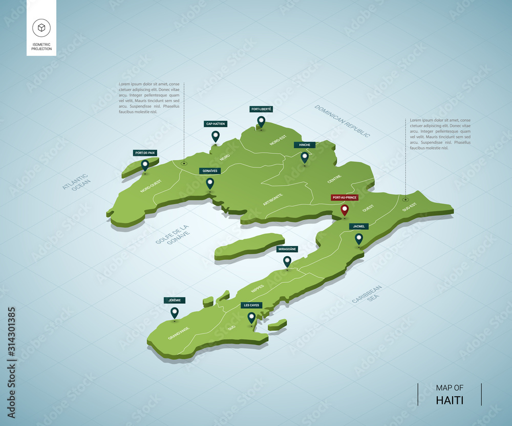 Stylized map of Haiti. Isometric 3D green map with cities, borders ...