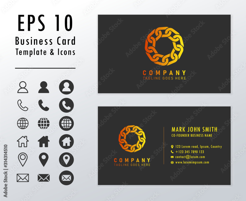 Business card design template and icon set. Company contact graphic ...