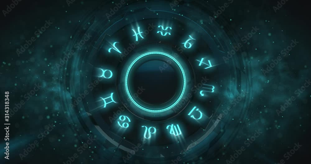 Rotating zodiac circle with glowing signs with night starry sky ...