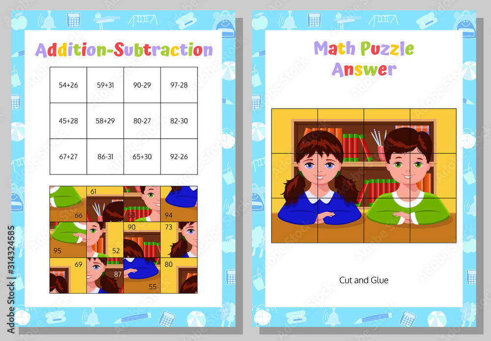 Addition, Subtraction Math Puzzle Worksheet. Educational Game ...