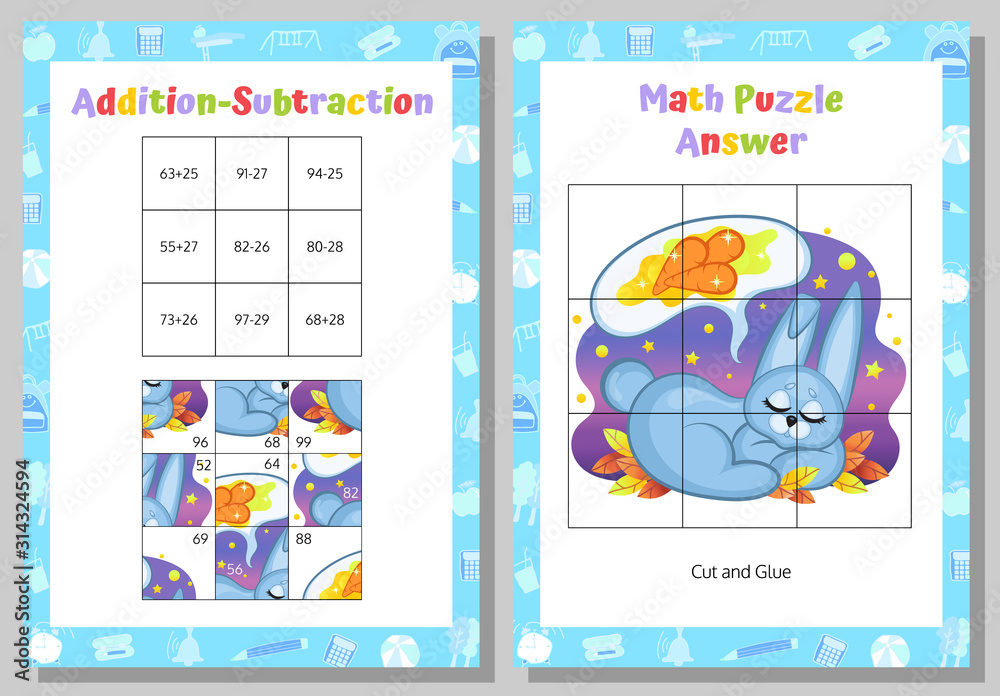Addition, Subtraction Math Puzzle Worksheet. Educational Game ...
