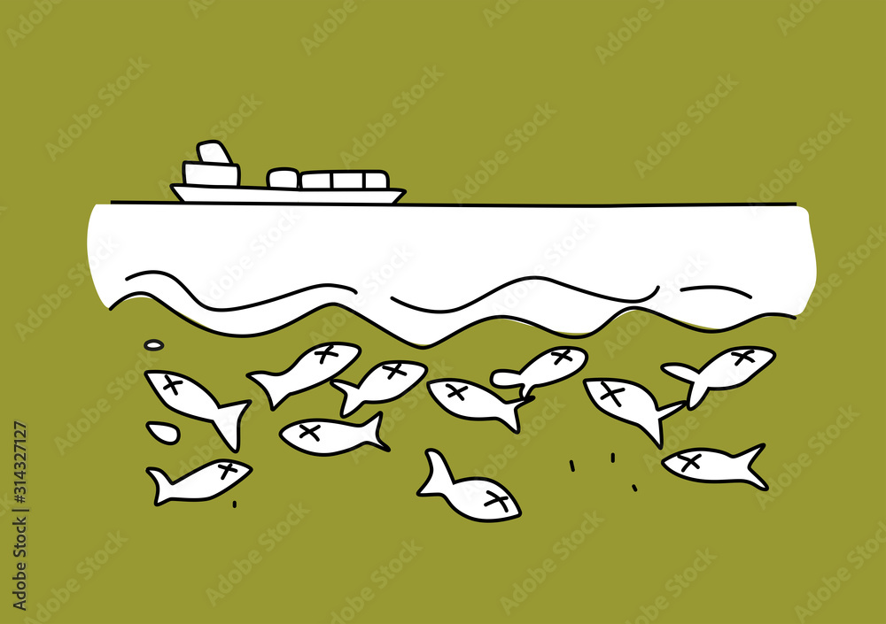 Contaminated sea , ocean with dead fishes on the beach shore, sand ...