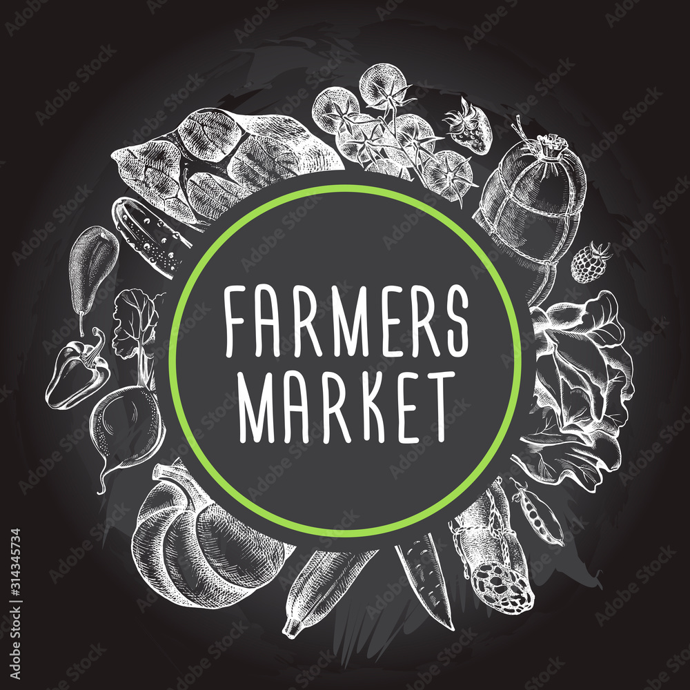 Ink hand drawn background with meat products, vegetables, fruits ...