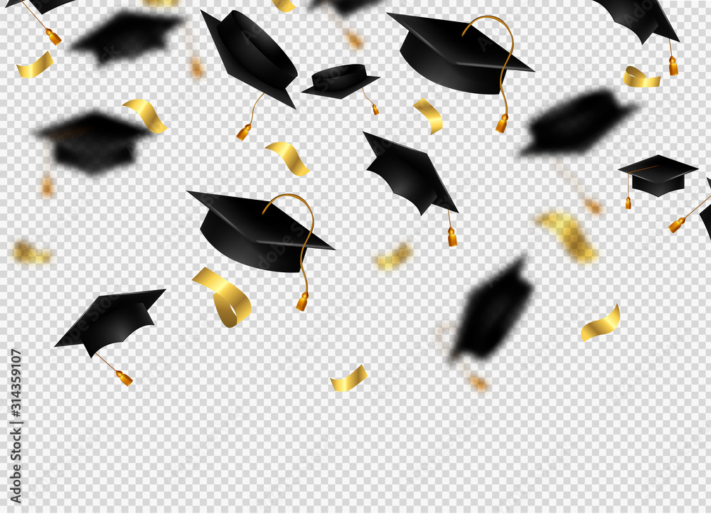 Flying graduation caps with confetti. Academic hats in air with golden ...
