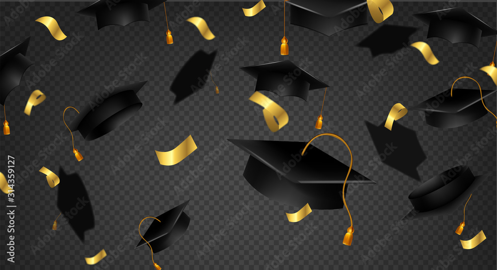 Flying graduation caps with confetti. Academic hats in air with golden ...