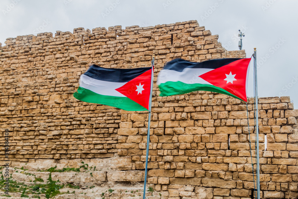 Flags of Jordan at the ruins of Karak castle, Jordan Stock Photo ...