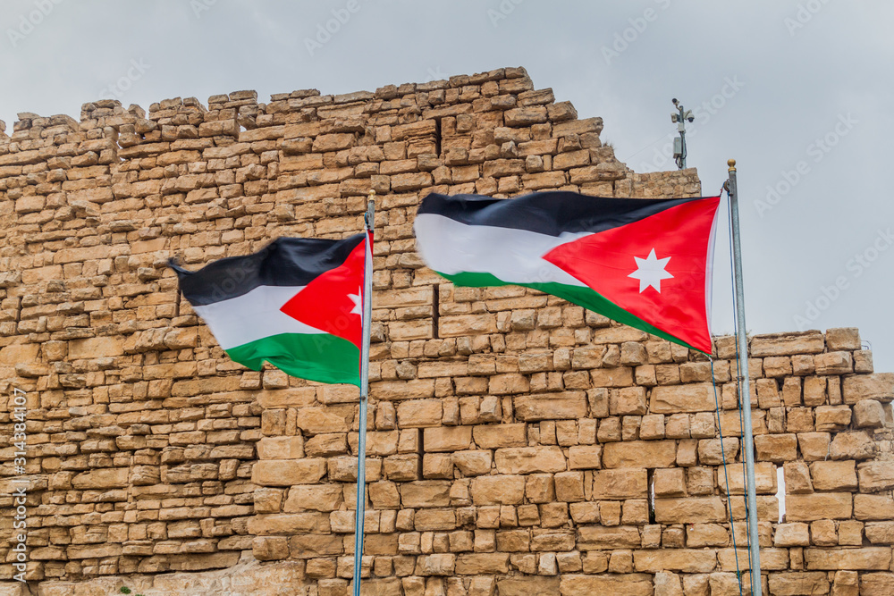 Flags of Jordan at the ruins of Karak castle, Jordan Stock-Foto | Adobe ...