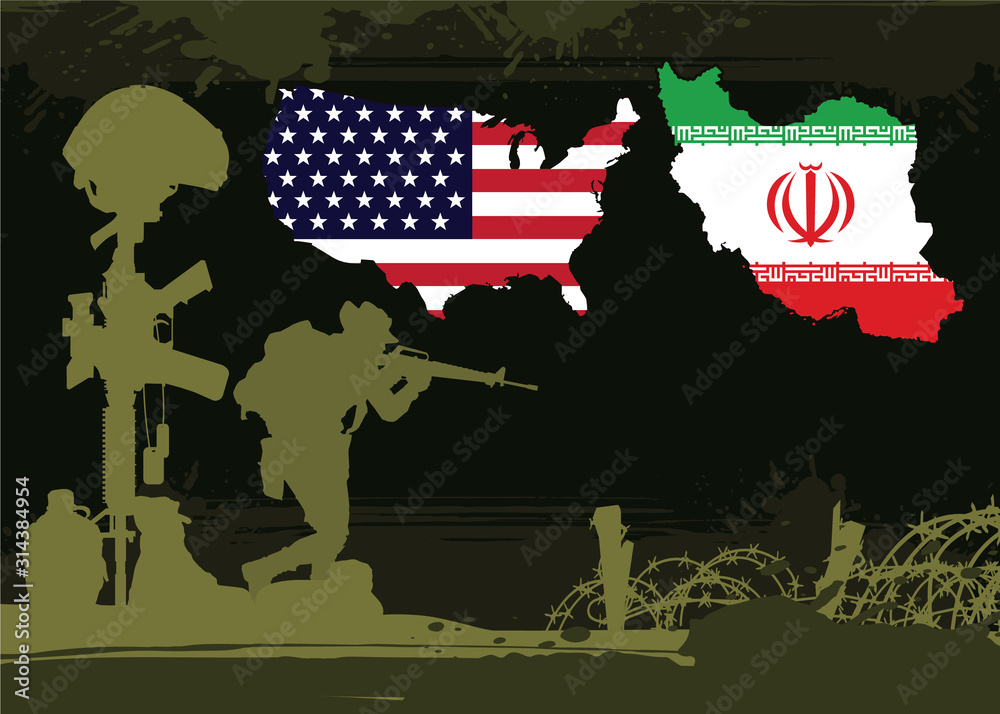 USA and Iran flags with military vector illustration, Army background ...