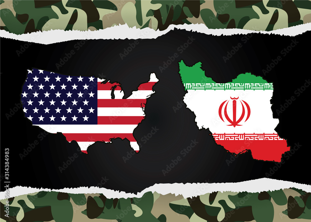 USA and Iran flags with military vector illustration, Army background ...