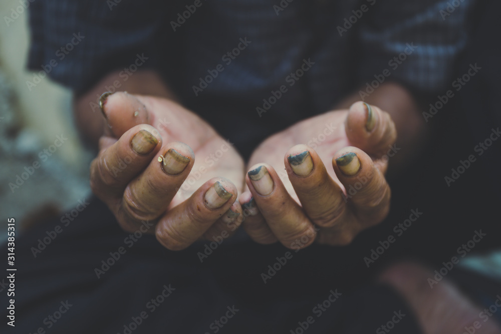 poor old man beggar begging you for help sitting at dirty slum. concept ...